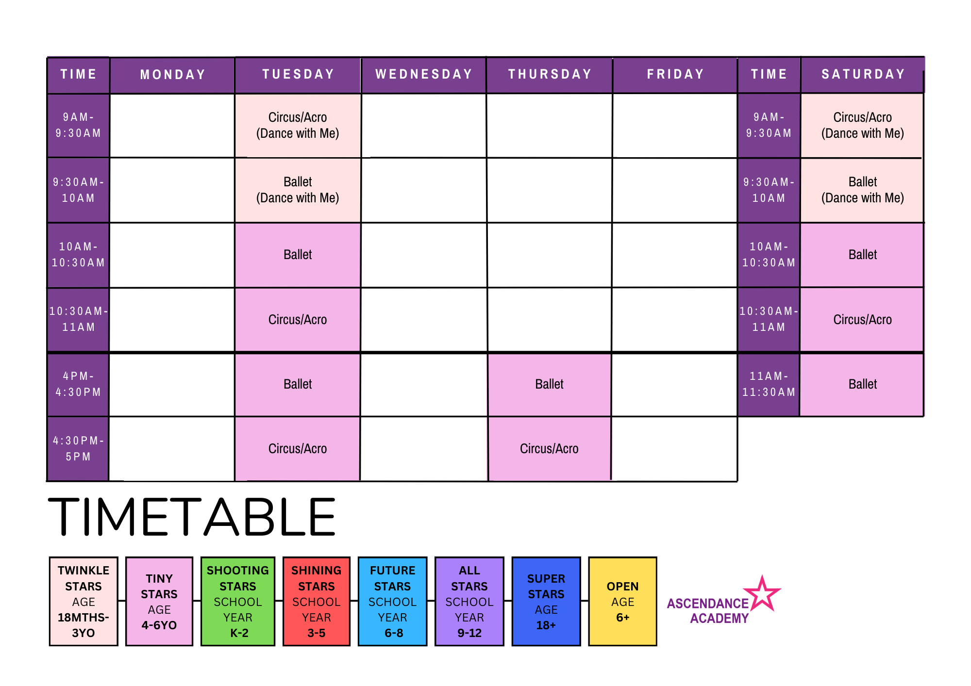 Our Classes Timetable | Ascendence Academy | Caringbah